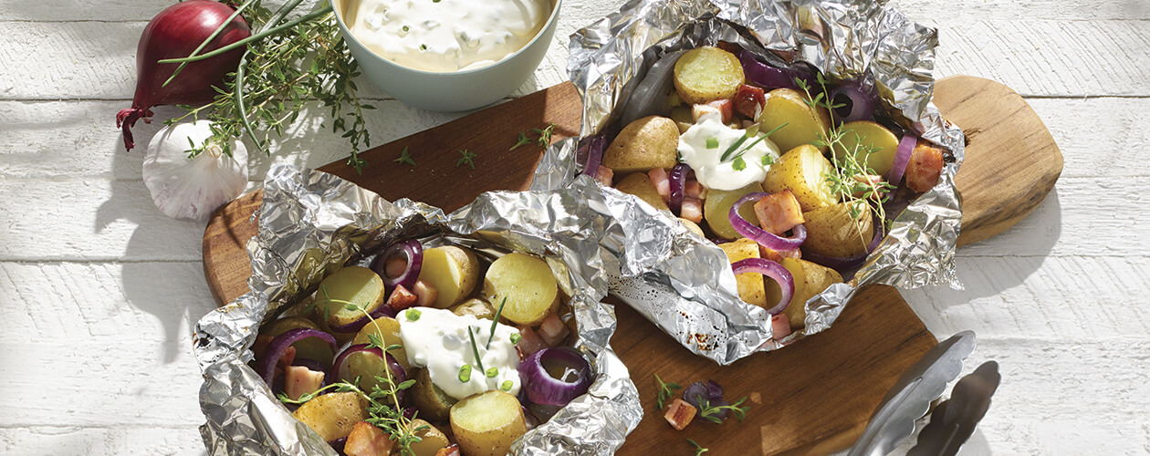 Baby potatoes and bacon en papillote - Les Marchés Traditions